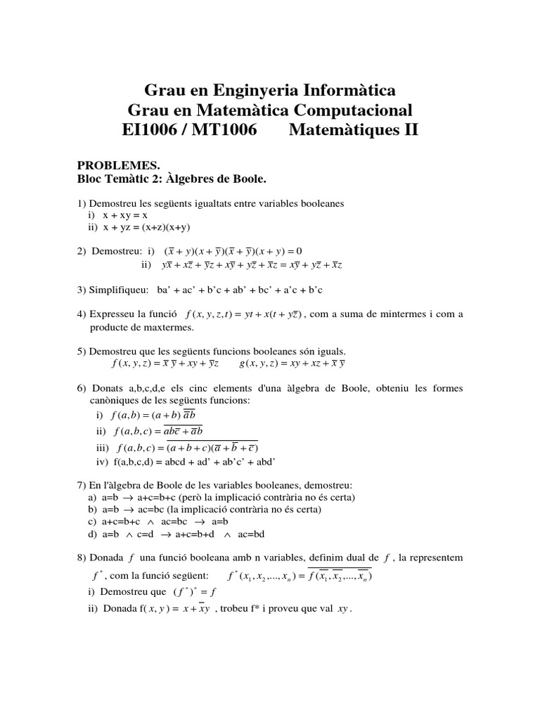 Problemes BT 2 EIMT1006 Algebres de Boole | PDF