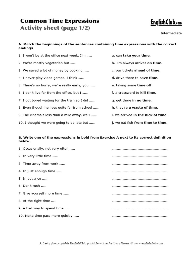 Time Expressions Activity | PDF