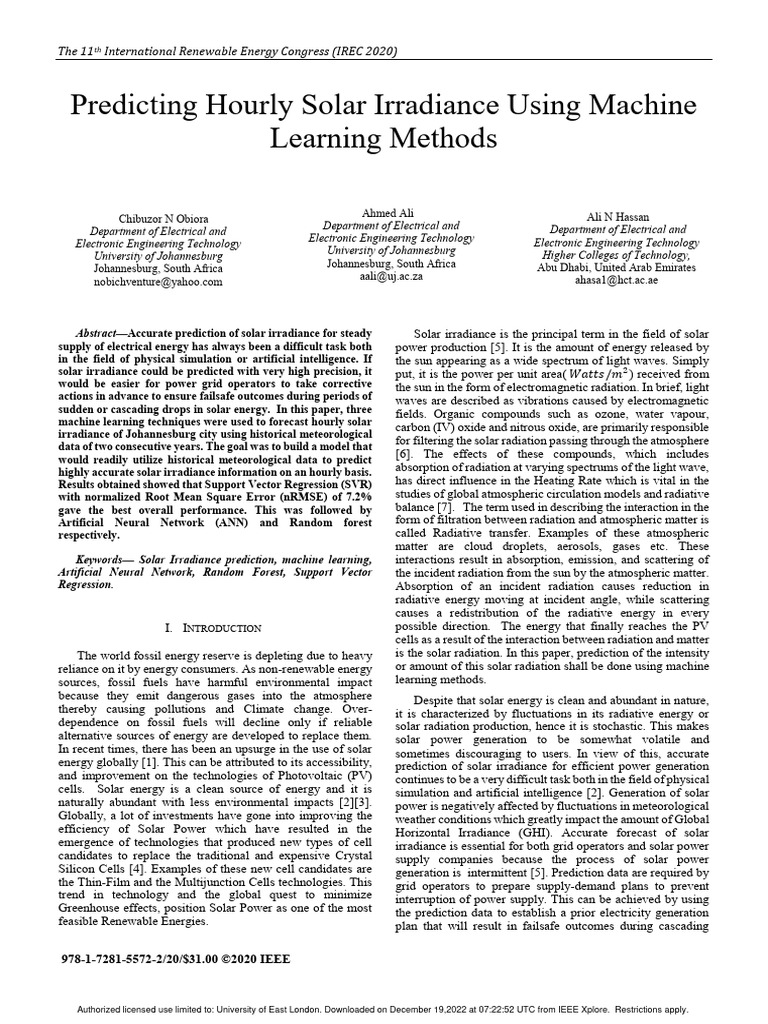 Predicting Hourly Solar Irradiance Using Machine Learning Methods | PDF | Solar Power | Support ...