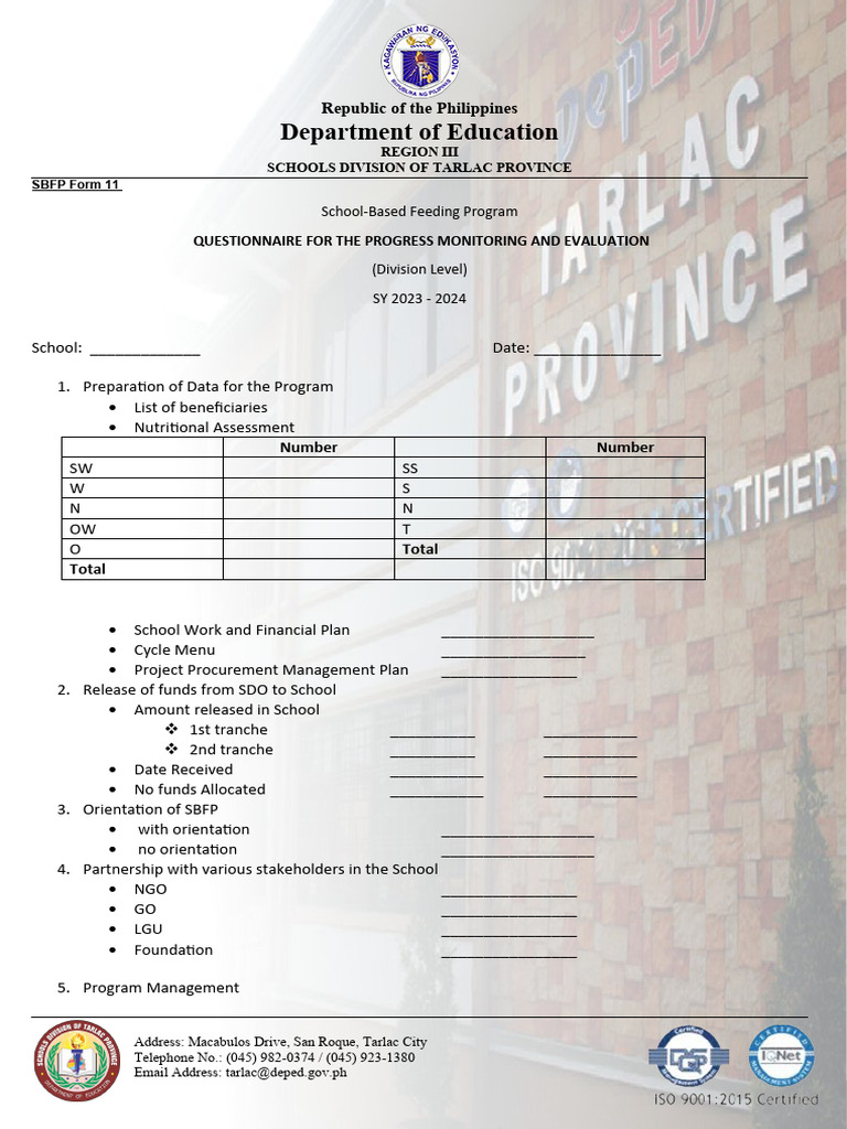 SBFP Form 11 Monitoring Form Division Level | PDF
