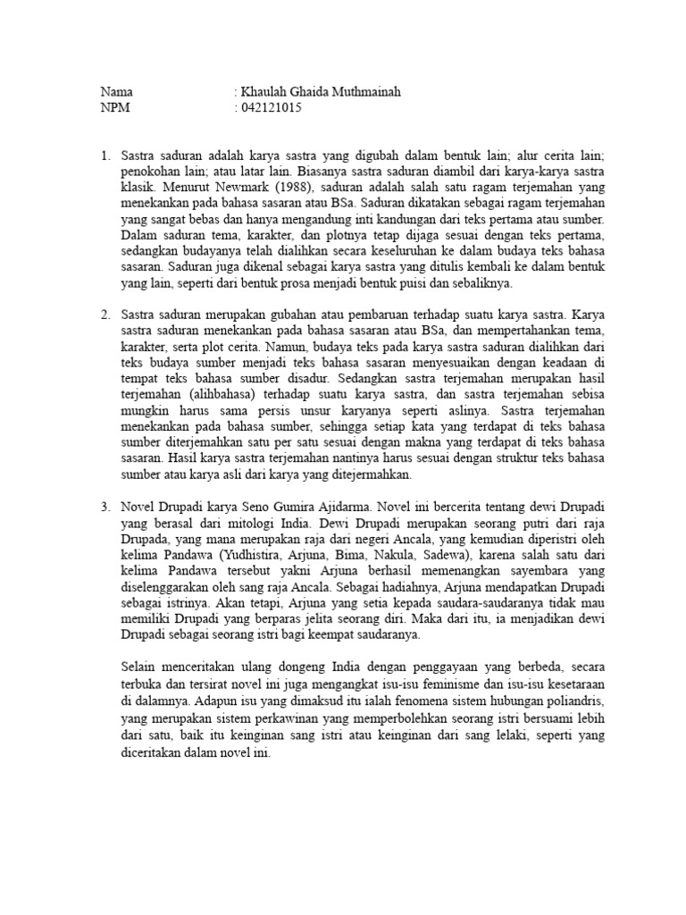 Sastra Saduran: Analisis Novel Drupadi | PDF | Puisi