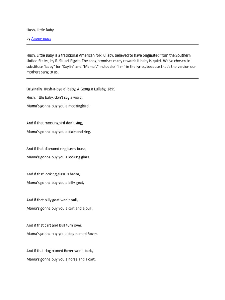 Hush, Little Baby Lullaby Lyrics | PDF | Poetry