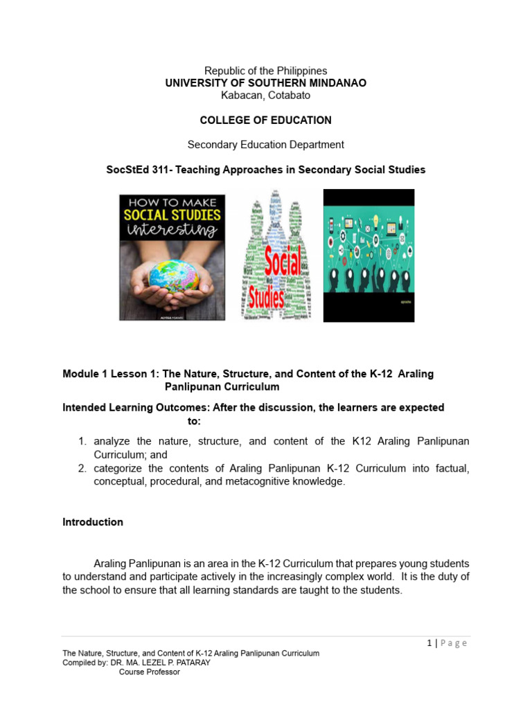 Module 1 Lesson 1 SocStEd 311 | PDF | Learning | Curriculum