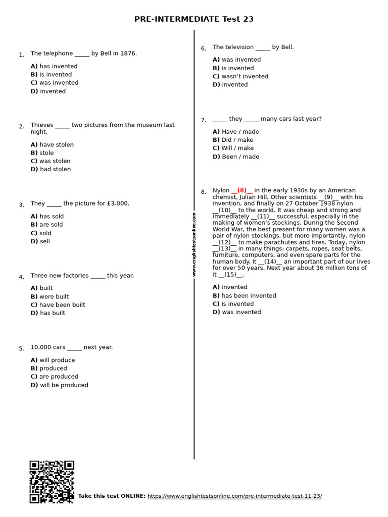 1206 - Pre Intermediate Test 23 - Englishtests | PDF | Nylon
