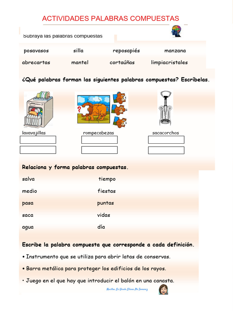 Actividades De Palabras Compuestas 10 Palabras Compuestas En Español