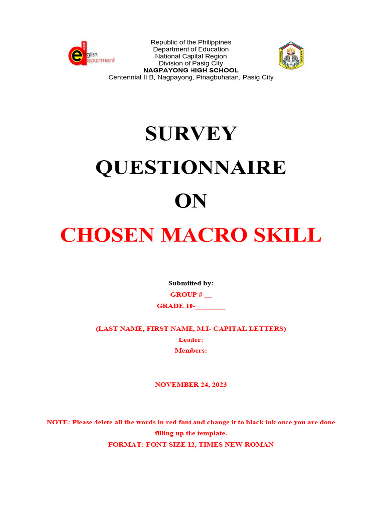 Research Questionnaire Template Grade 10 | PDF