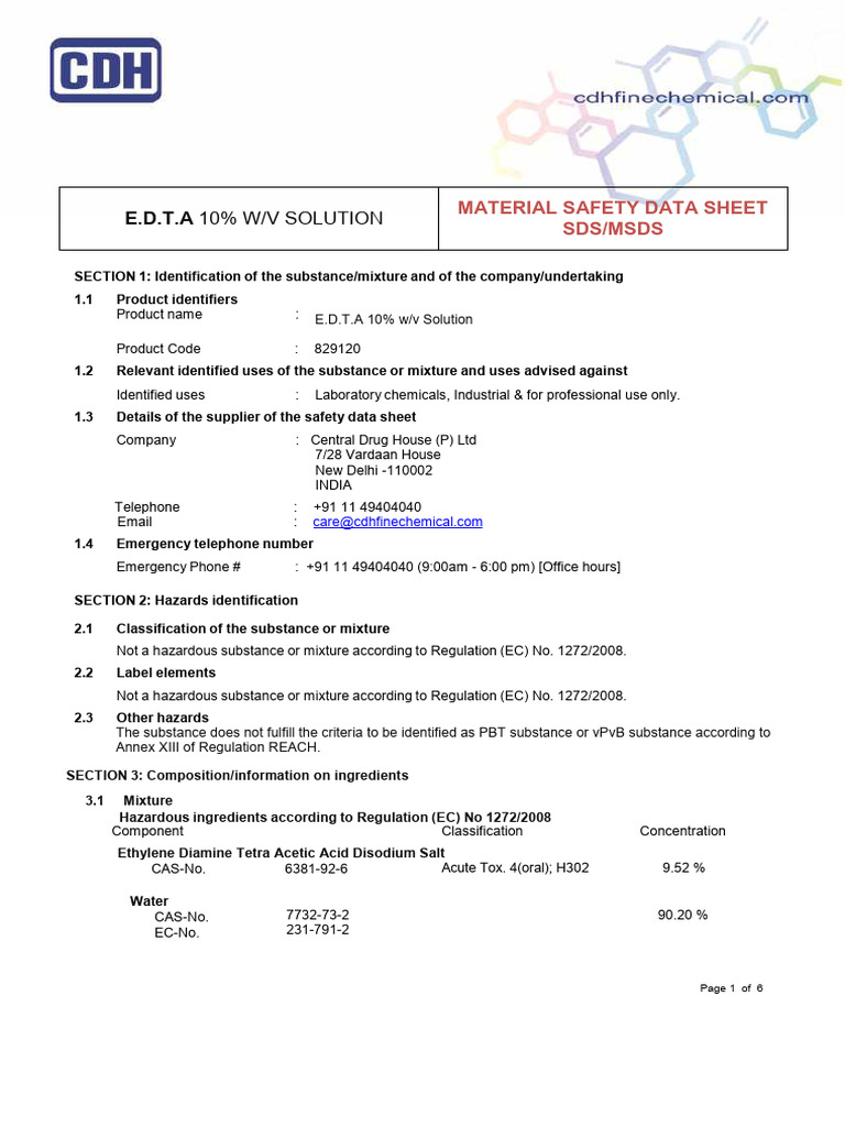E.D.T.A 10% W/V Solution: Material Safety Data Sheet Sds/Msds | PDF ...