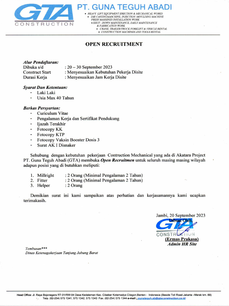 Surat Pengajuan Kebutuhan Tenaga Kerja PT GTA | PDF