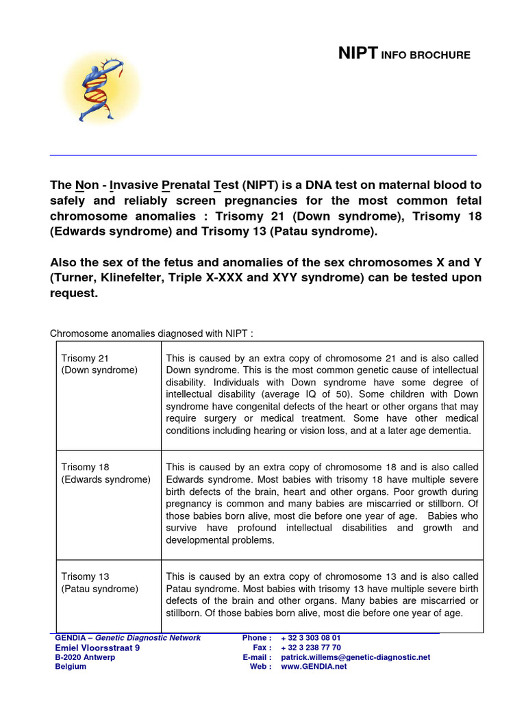 Gendia Brochure NIPT | PDF | Down Syndrome | Health Sciences