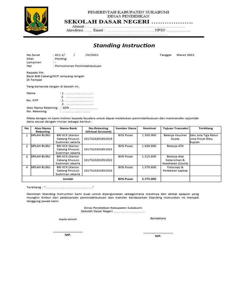 Contoh Surat Standing Instruction Bank | PDF