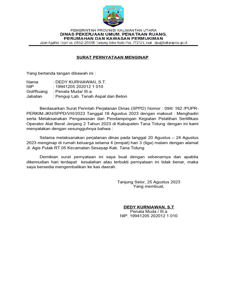 Surat Pernyataan Menginap Dedy SKT KTT | PDF