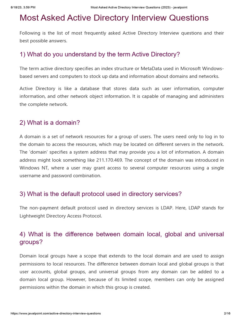 Most Asked Active Directory Interview Questions (2023) | PDF | Active Directory | Computer Network