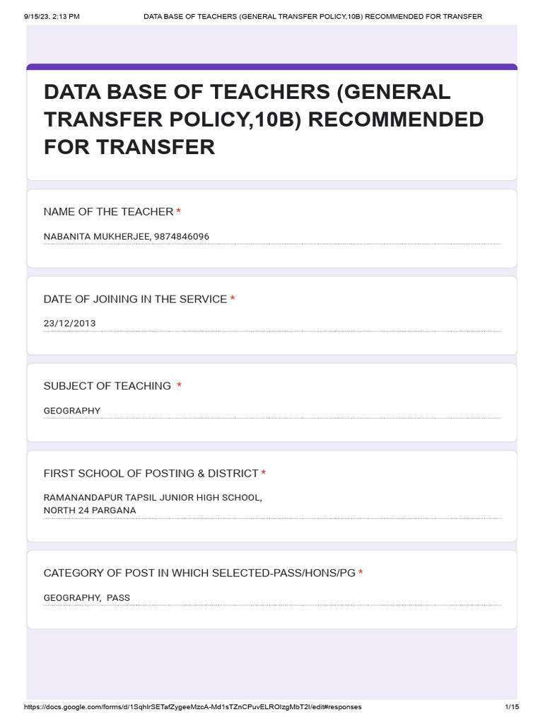 DATA BASE OF TEACHERS (GENERAL TRANSFER POLICY, 10B) RECOMMENDED FOR ...