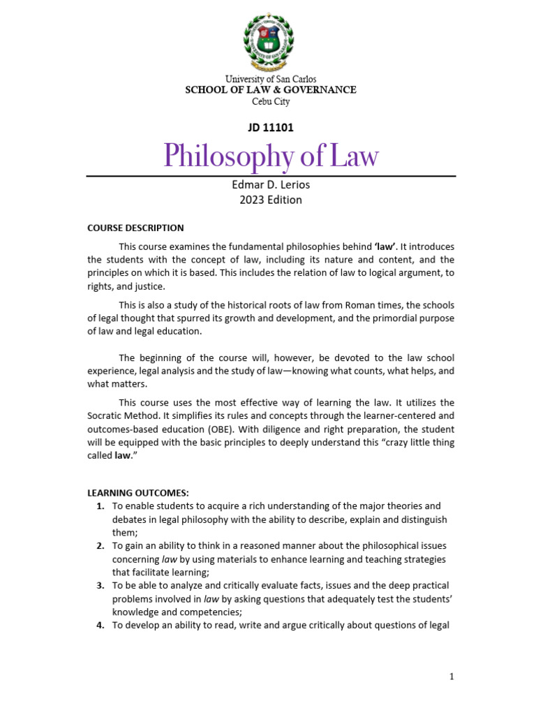 Syllabus, Philo of Law, 2023 | PDF | Jurisprudence | Precedent