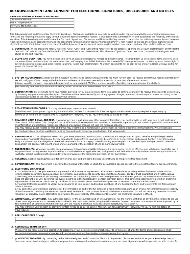 Acknowledgment and Consent For Electronic Signatures, Disclosures and ...