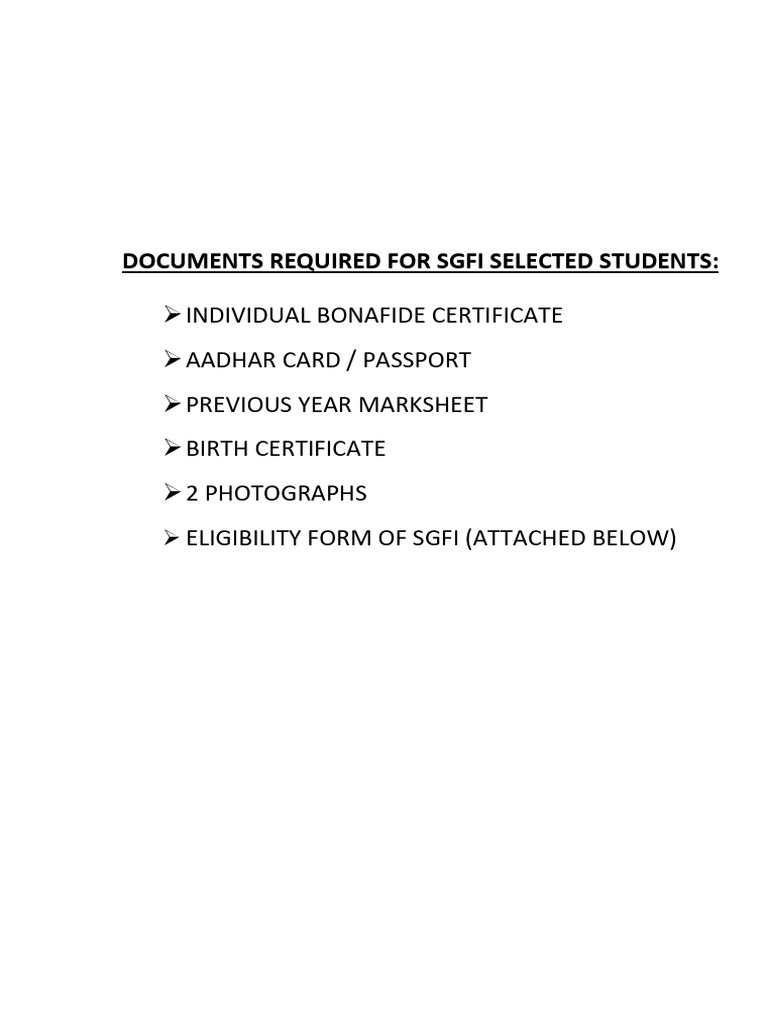 Documents Required For Sgfi Selected Students | PDF | Identity Document | Government Information