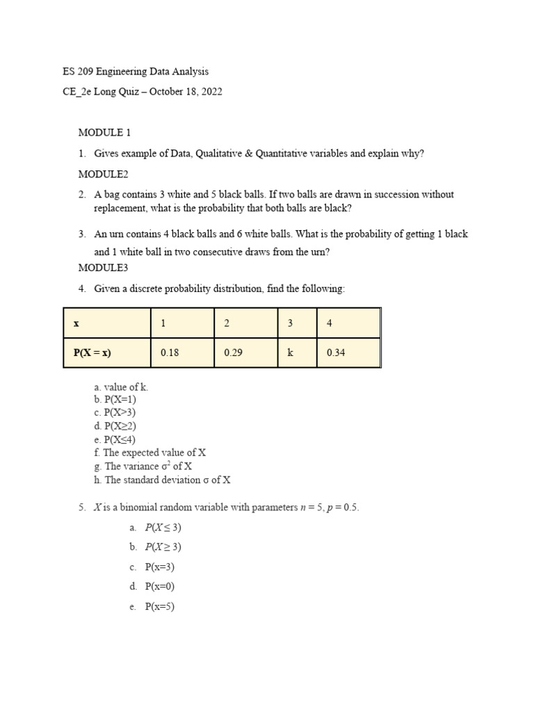ES 209 Engineering Data Analysis - Long Quiz | PDF | Variance | Probability Density Function