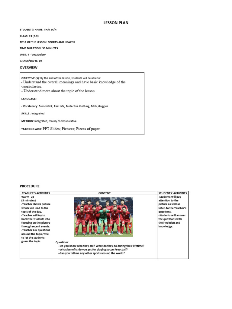Lesson Plan (Thai Son) | Download Free PDF | Vocabulary | Teachers