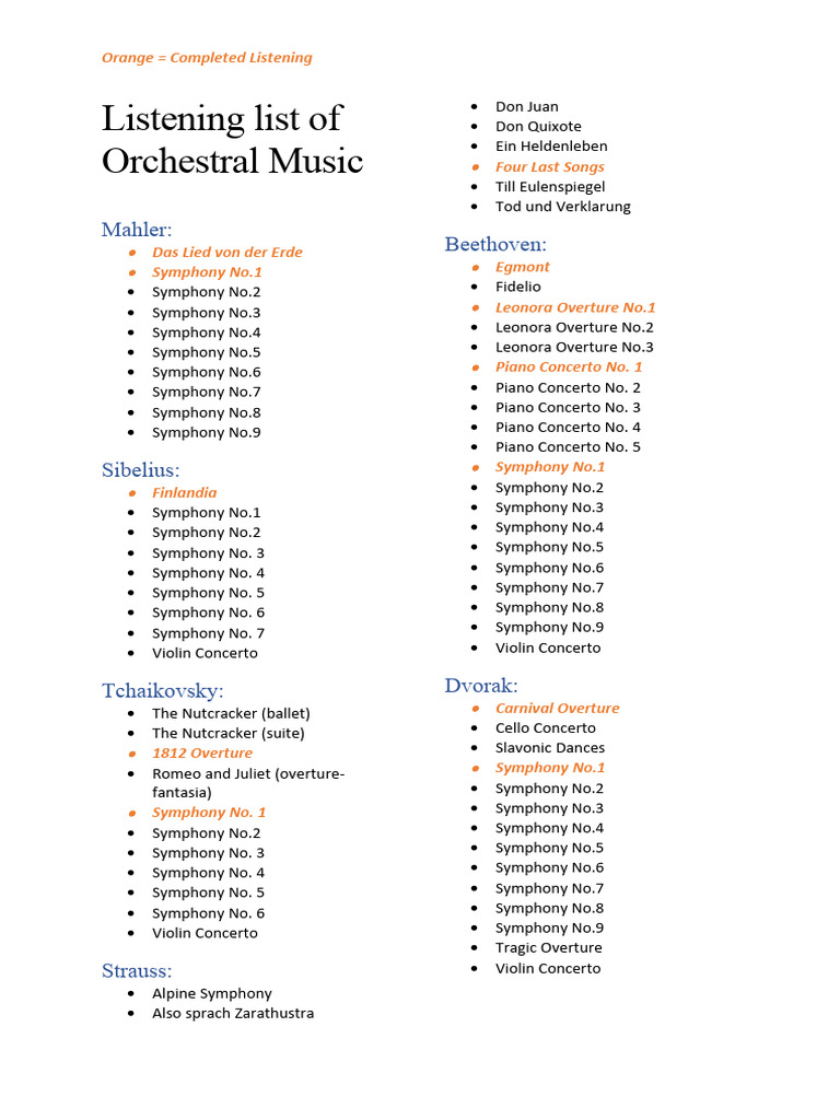 Listening List of Orchestral Music | PDF | Orchestras | Concerto