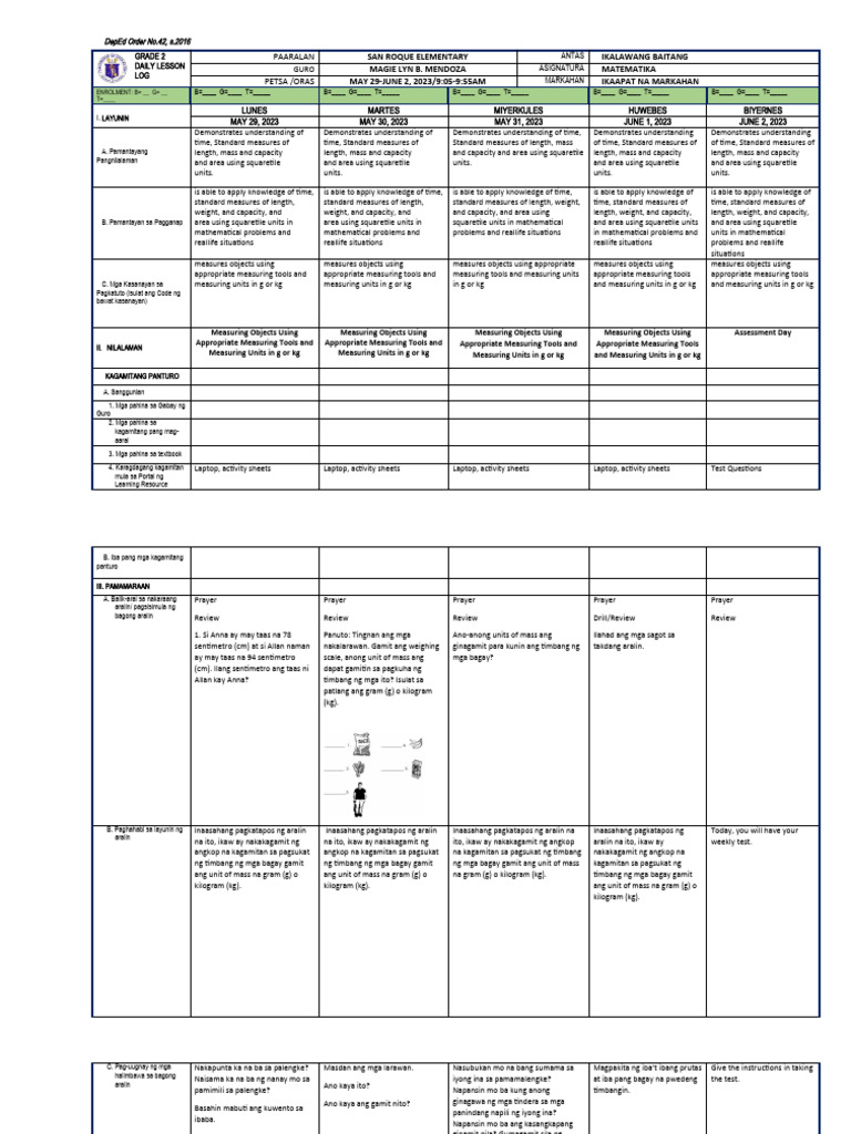 DLL MATH-2 Week5 Q4 | Download Free PDF | Metrology | Mass