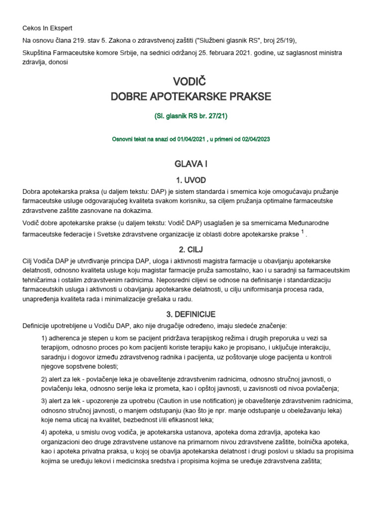 Vodič Dobre Apotekarske Prakse: Glava I | PDF