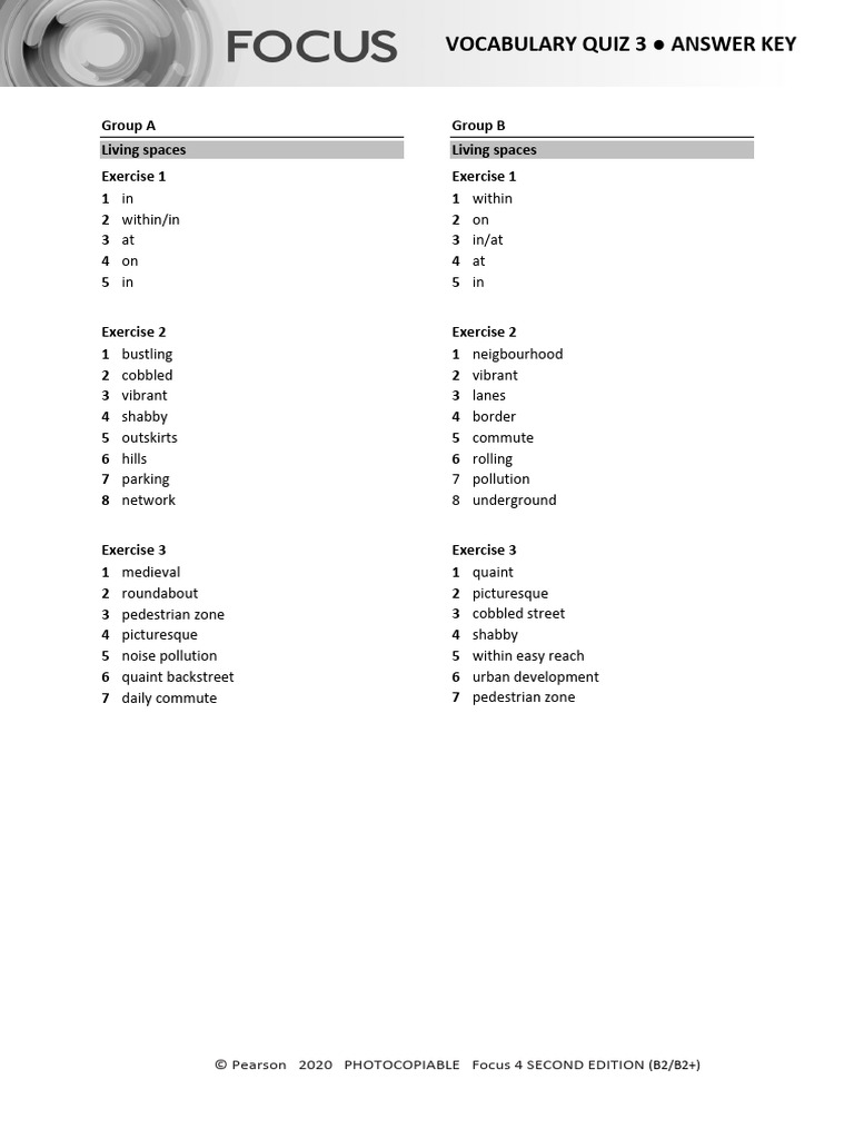 Focus4 2E Vocabulary Quiz Unit3 GroupA B ANSWERS | PDF