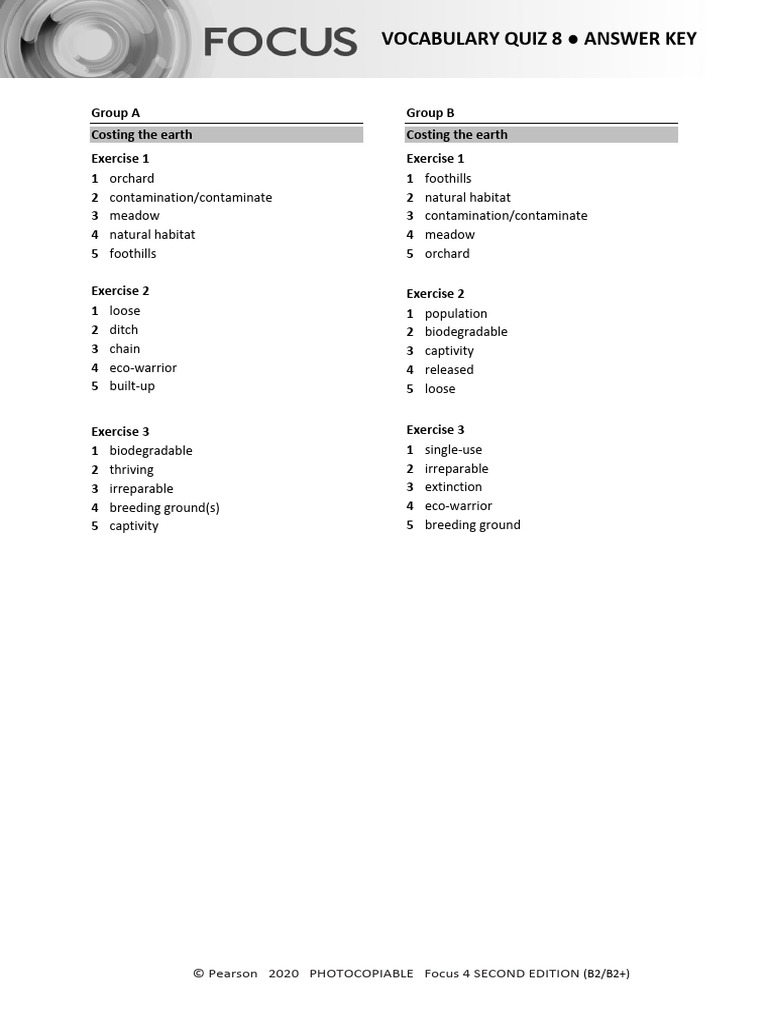 Focus4 2E Vocabulary Quiz Unit8 GroupA B ANSWERS | PDF