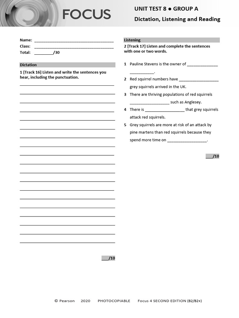 Focus4 2E Unit Test Dictation Listening Reading Unit8 GroupA | PDF