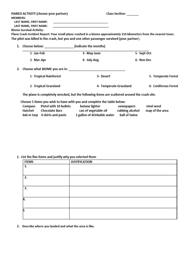 BIOME Survival Activity Worksheet 1 1583890381 | PDF