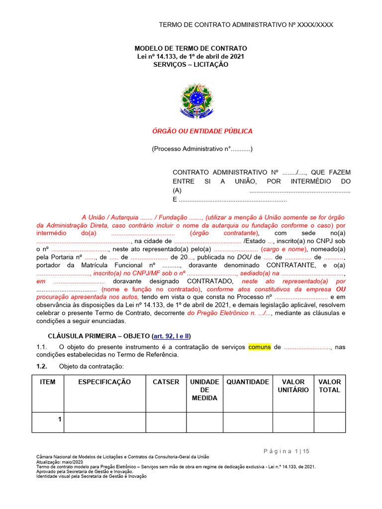 Modelo Contrato Servicos Sem Mo Lei 14-133 Vmaio23 | PDF | Garantia ...