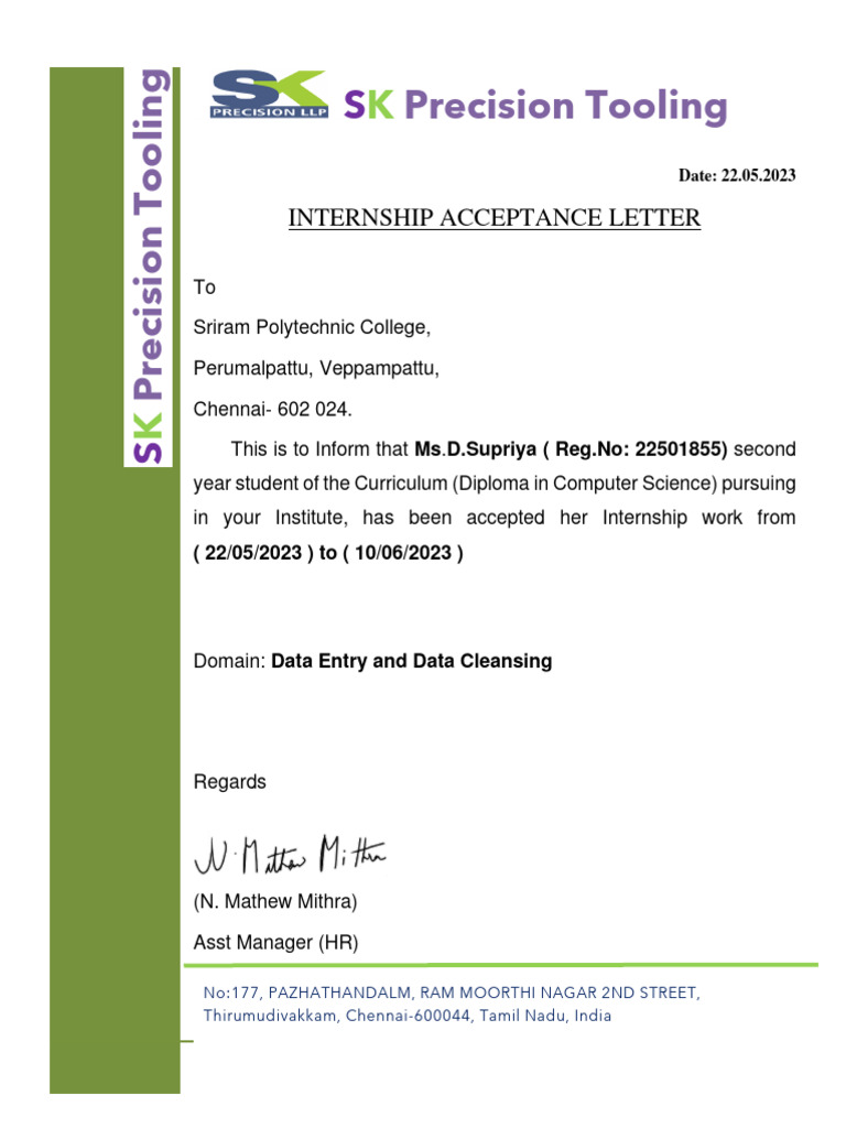 Internship Acceptance Letter | PDF