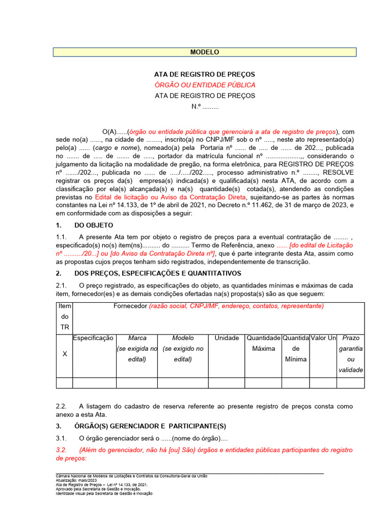 Modelo Ata Registro de Precos Lei 14-133 V-Maio23 | PDF | Esfera pública | Business