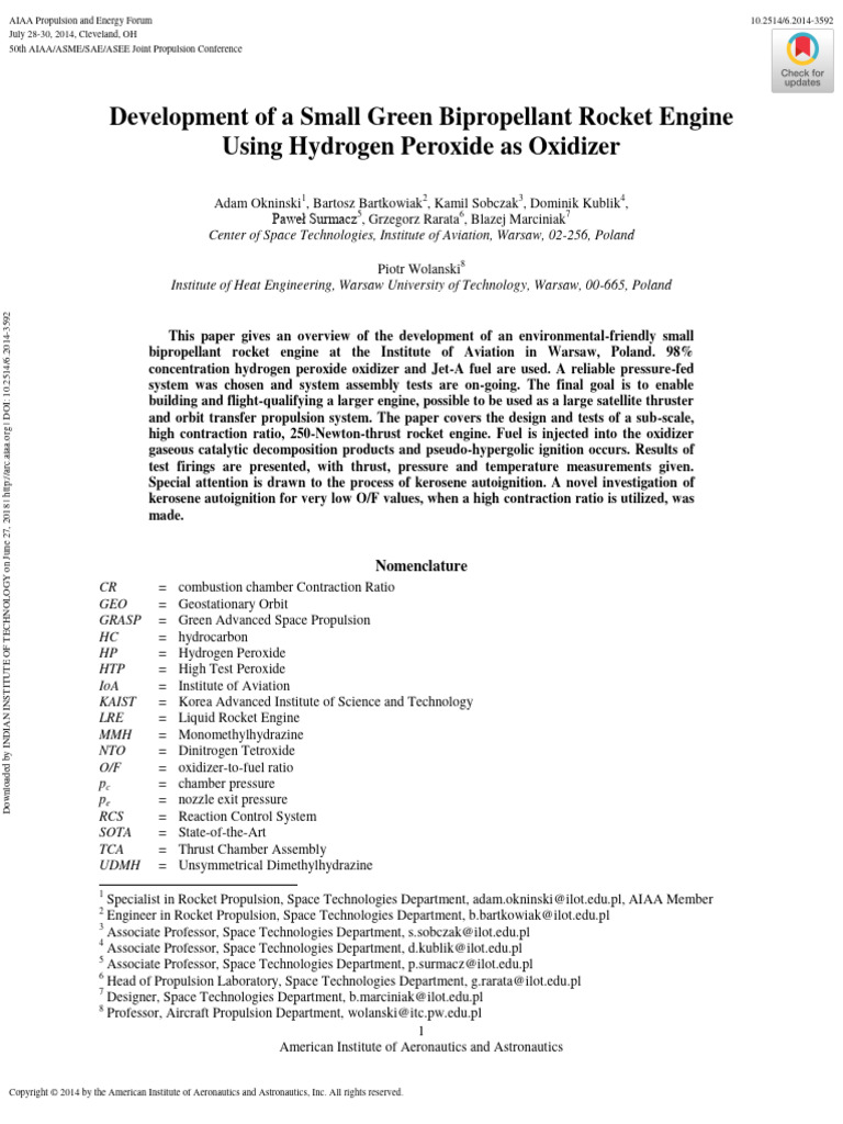 Development of A Small Green Bipropellant Rocket Engine Using Hydrogen ...