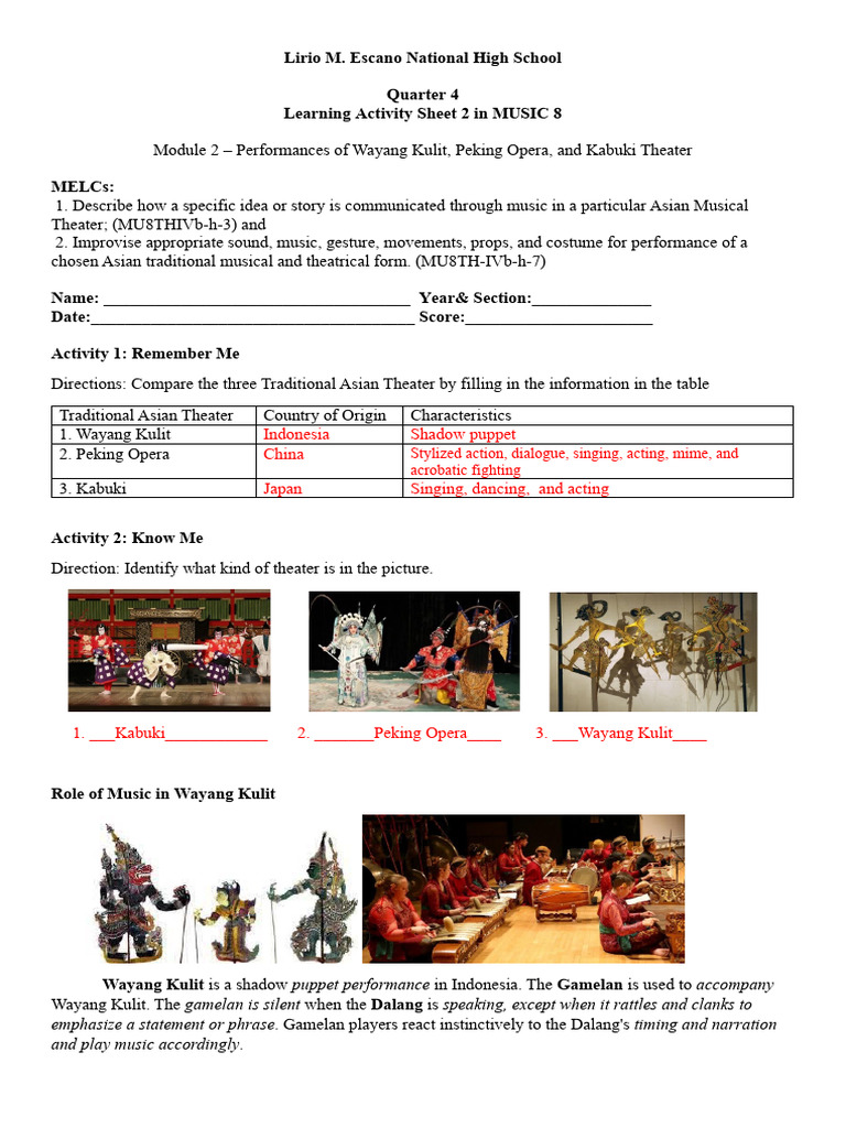 Q4 Music 8 - LAS 2 Answer Key | PDF | Theatre | Dances