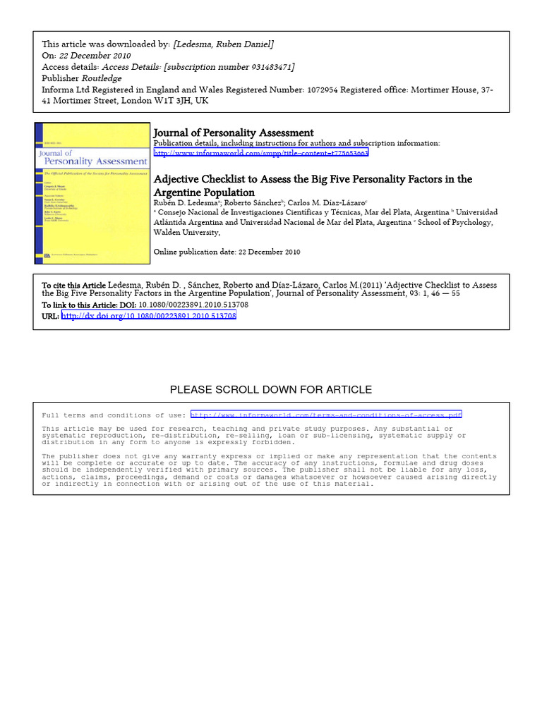 Adjective Checklist To Assess The Big Fi | PDF | Psychology ...