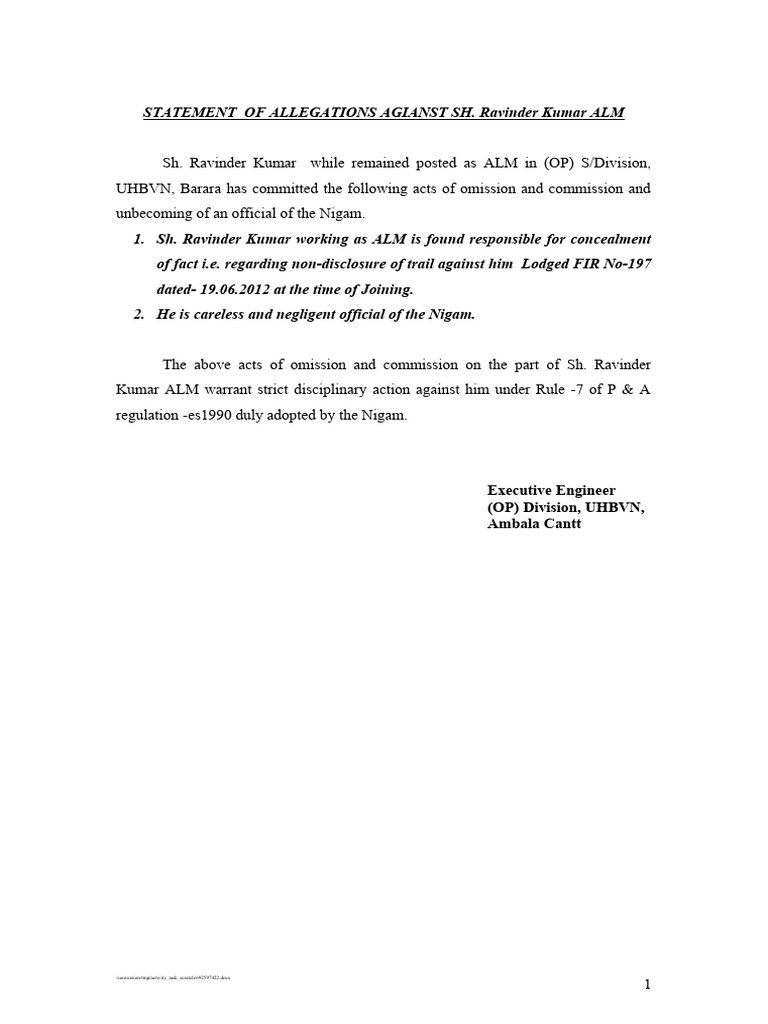 Charge Sheet of Sh. Ravinder Kumar ALM | PDF | Justice | Crime & Violence