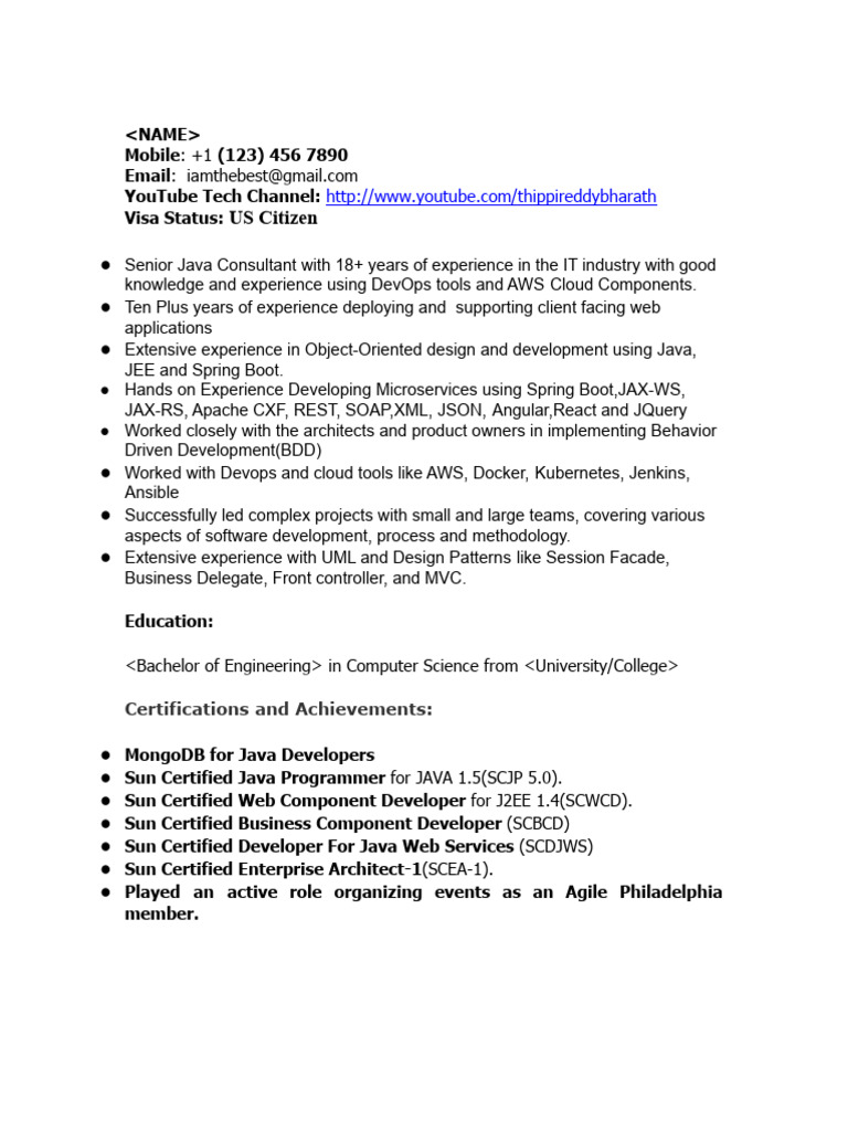 Java Aws Devops Resume Template | PDF | Spring Framework | Representational State Transfer