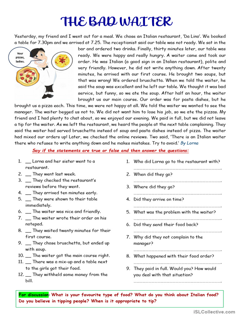 Past Simple Tense With 'The Bad Waiter'. | PDF | Waiting Staff ...