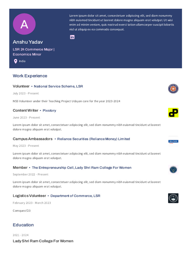 Anshu Yadav: LSR Commerce Major & Volunteer | PDF | Finance & Money Management