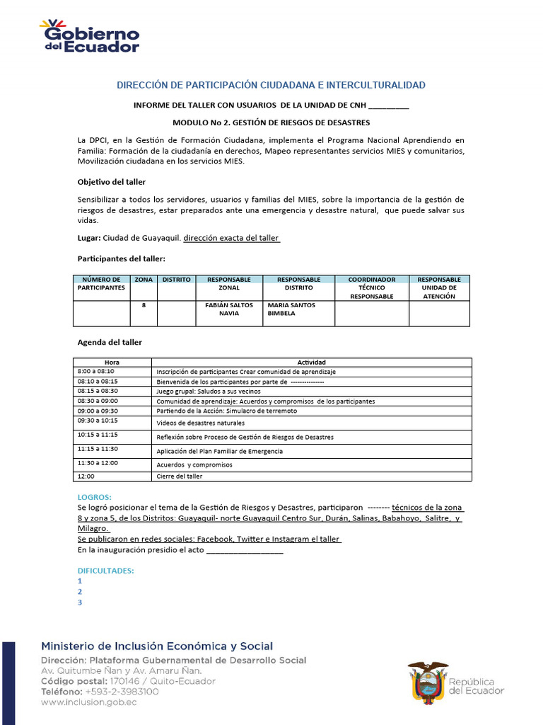 Modelo Informe Del Taller GRD | PDF