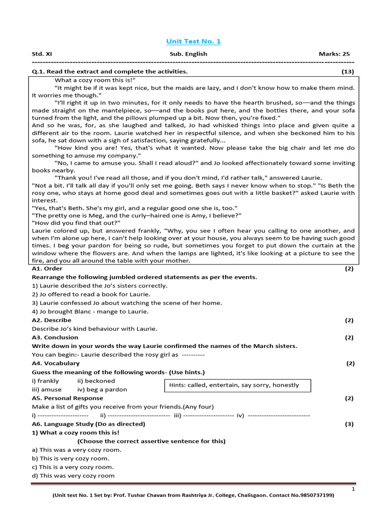 Std. XI Unit Test No. 1 by Prof. Tushar Chavan | PDF