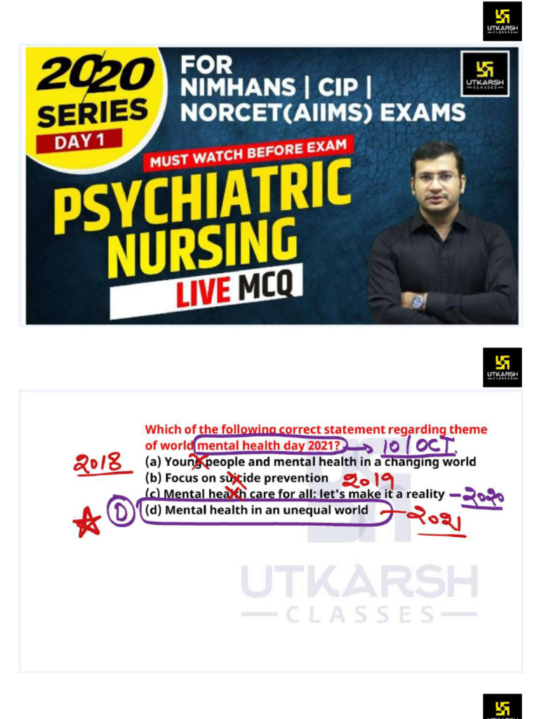 Psychiatric Nursing NIMHANS CIP NORCETAIIMS Important Questions | PDF