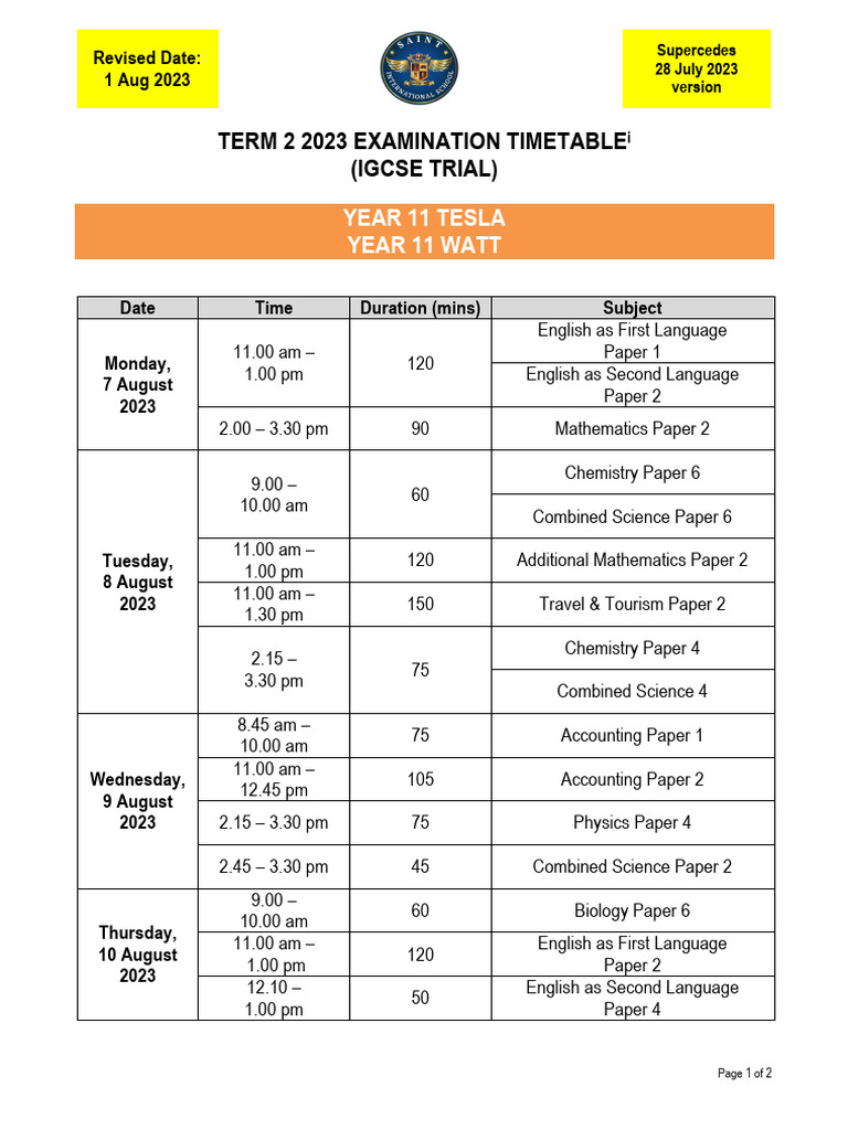 IGCSE Trial Exam Timetable 2023 | PDF | Schools | Educational Institutions