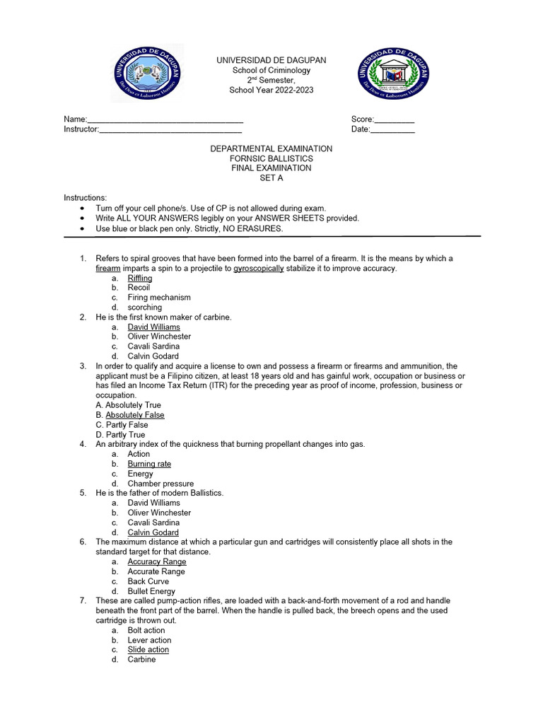 Forensic Ballistics Final Exam 2022-2023 | PDF | Firearms | Gun Barrel