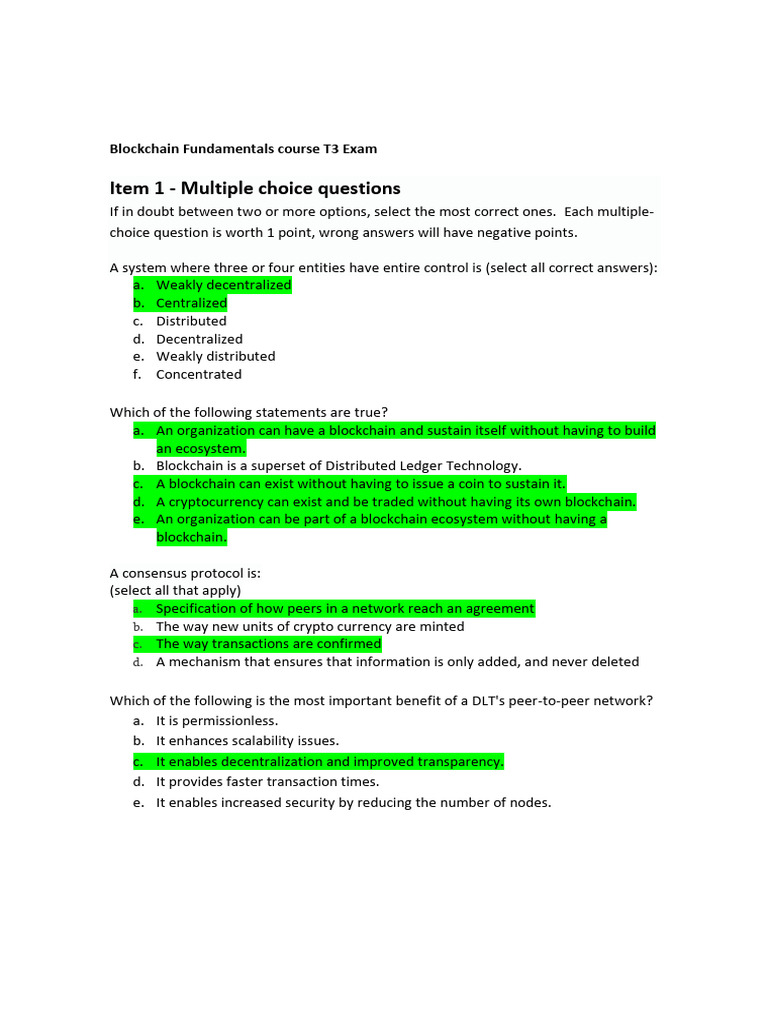 Blockchain Fundamentals T3 Exam - Multiple Choice Answers | PDF | Cryptocurrency | Distributed ...