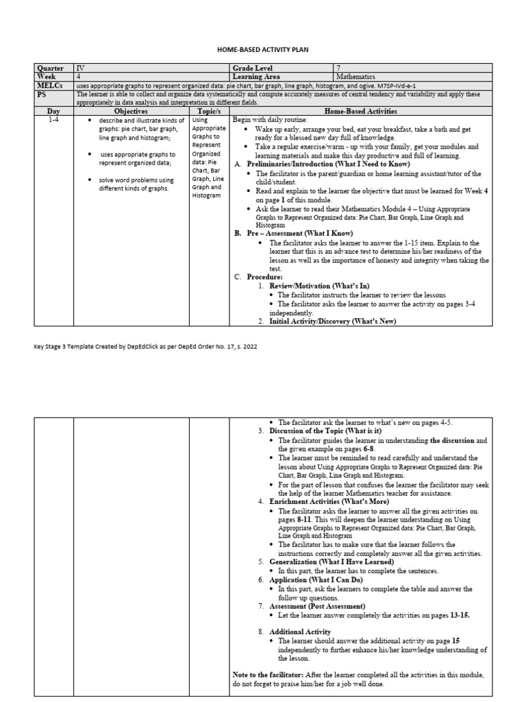 Home-Based Activity Plan Quarter Grade Level Week Learning Area Melcs ...