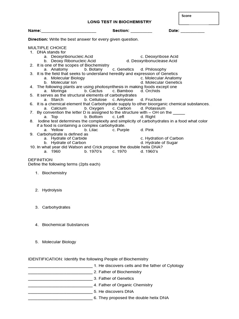 Long Test in Biochemistry | PDF | Biochemistry | Chemistry