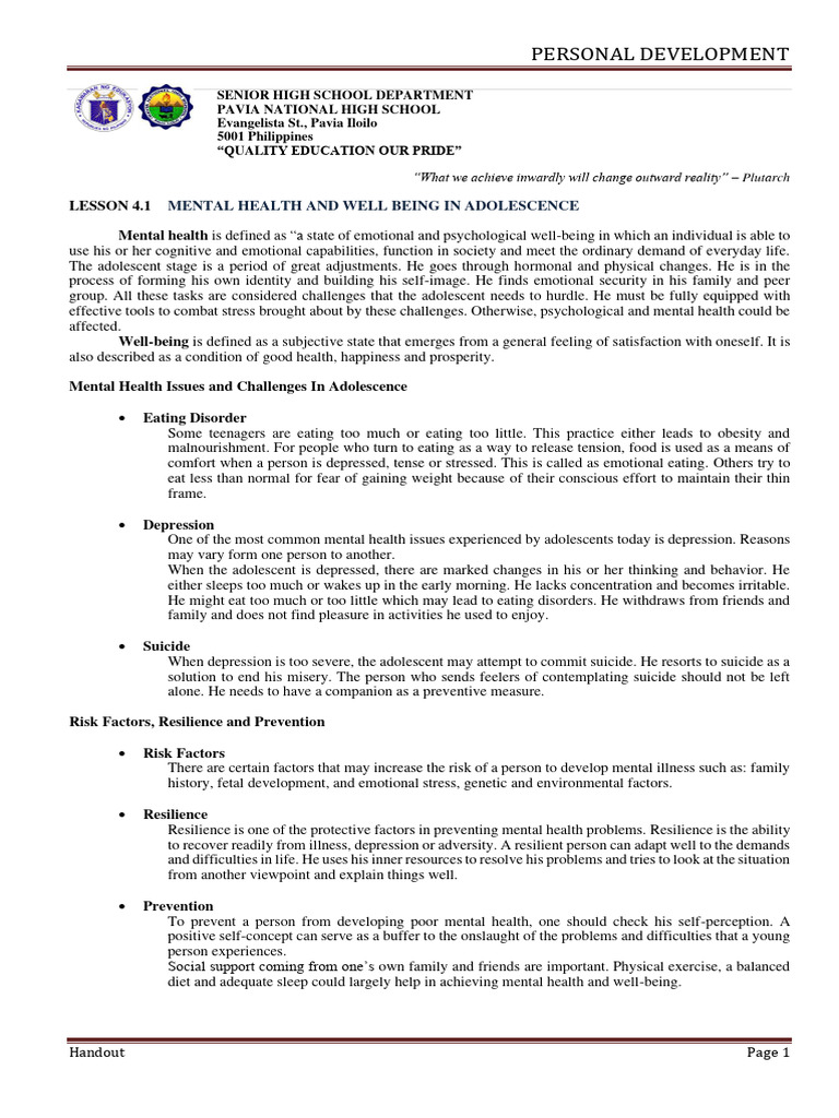 Handout 4.1 Mental Health | PDF | Mental Health | Adolescence