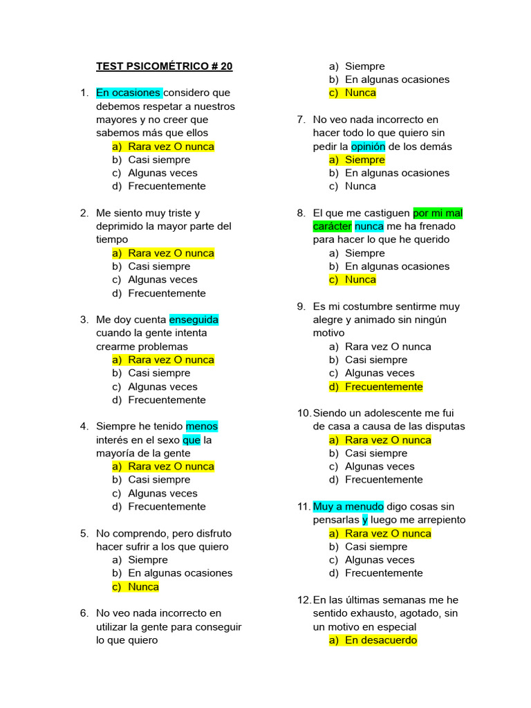 Test Psicometrico # 20 Resuelto | PDF