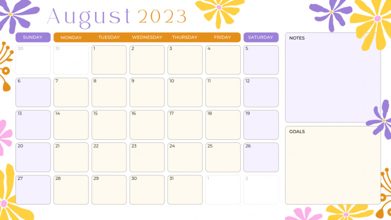 Purple Yellow Pink Modern Floral Illustration August 2023 Monthly ...